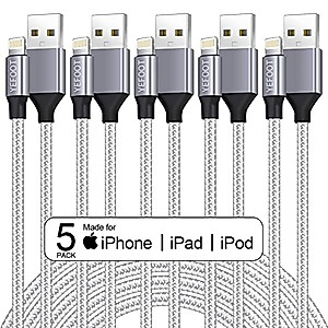 [Apple MFi Certified] 5Pack(3/3/6/6/10FT) iPhone Charger Nylon Braided Fast Charging Lightning Cable Compatible iPhone 14Pro/14/13Pro/13/12Pro/12/11and More-Silver&White