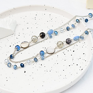Noessla Layered Long Necklaces for Women Crystal Beaded Statement Necklace Sweater Silver Chain with Gifts Box Jewelry(Blue)
