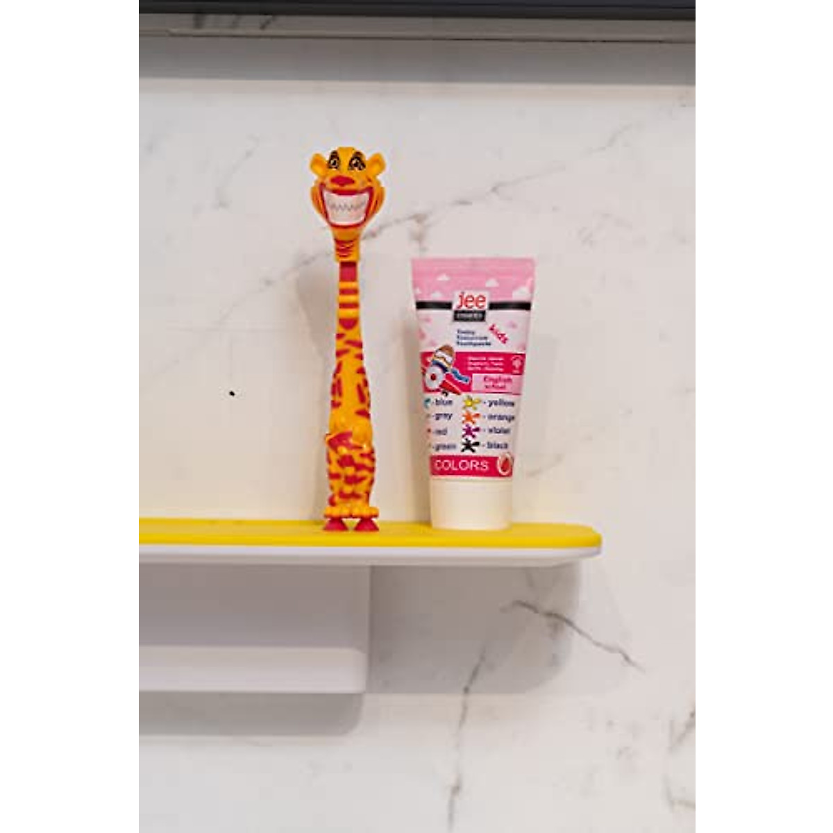 KUKAKETA Bathroom Organizer Shelf with Toothbrush Holders, Soap Dish, Shower Caddy Bathroom Shelves Wall Mounted Shower Shelf Space Saver Bathroom Storage - Adhesive or Drilling (white - yellow)