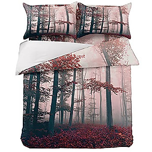 4 Piece Bedding Duvet Cover Set Aesthetic Forest Tree Red Leaves,Soft Bedspread Decorative Pillow Shams Microfiber Quilt Cover Nature Landscape,Washable Bed Sheet Comforter Set for Bedroom Hotel Twin