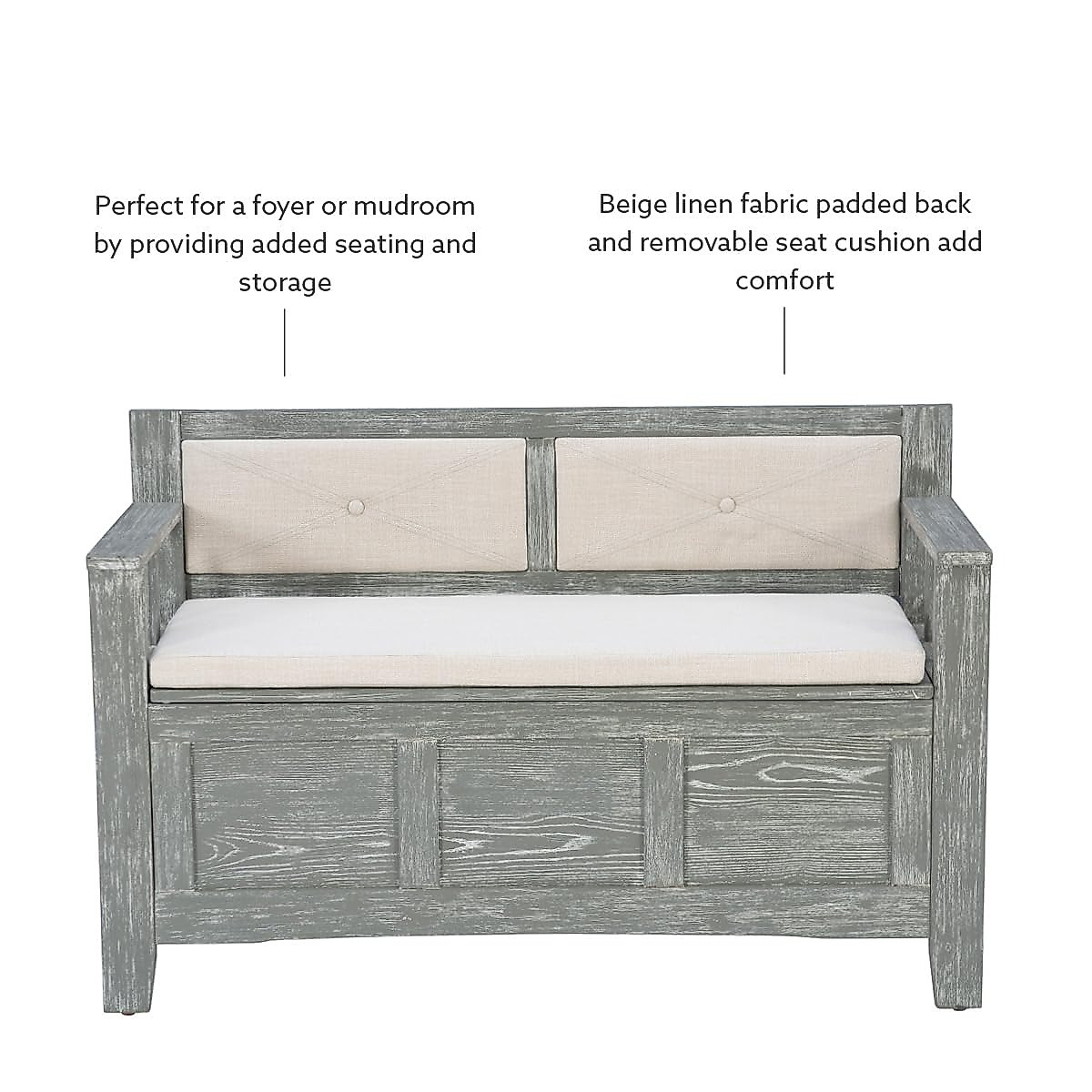 Linon Weathered Grey Carlton Storage Bench with Beige Upholstered Back and Cushioned Seat