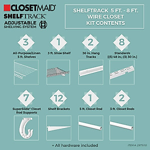 ClosetMaid ShelfTrack Wire Closet Organizer System, Adjustable from 5 to 8 Ft., With Shelves, Clothes Rods, Shoe Shelf, Hardware, Durable Steel, White