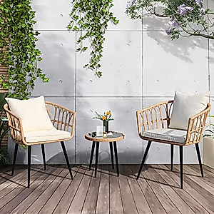 SoarFlash 3 Pieces Outdoor Wicker Bistro Set Rattan Conversation Set with Coffee Table, Patio Chair Set for Lawn, Garden,Backyard, Beige