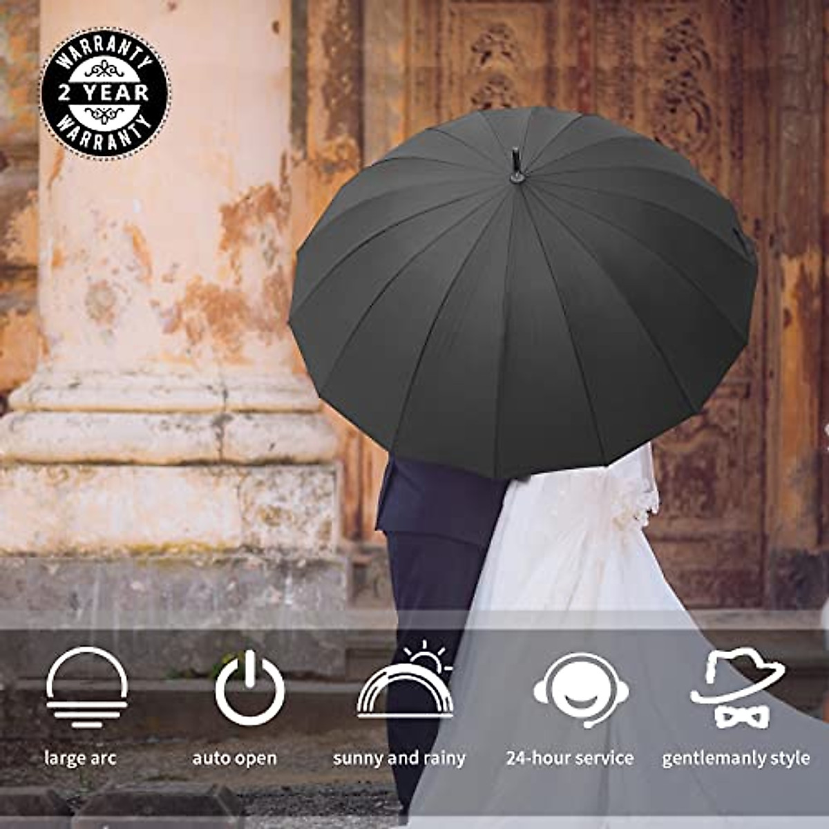 MRTLLOA 52 Inch Windproof Large Umbrellas for Rain, 16 Ribs, J Wooden Handle, 210T High-density Fabric Golf Stick Umbrella(52 Inch, Black)