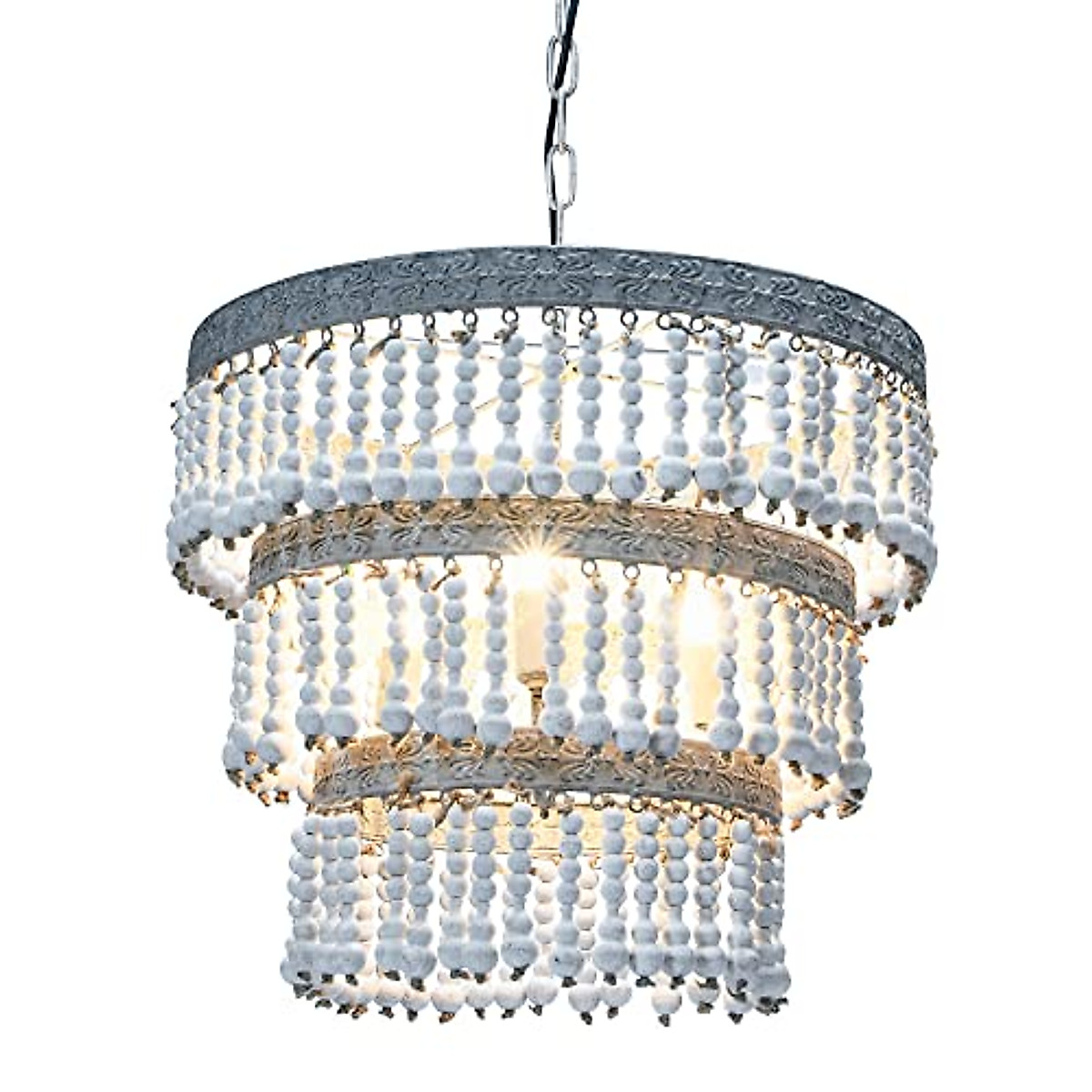 Creative Co-Op Metal & Wood Beaded Chandelier, 20.5" Round by 20" Height, Off- White
