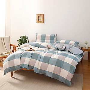 NSNLGSGC Buffalo Plaid Duvet Cover Set Grayish Blue Twin,Check Simple Geometric Square Pattern Bedding Set,Modern Soft Washed Microfiber Comforter Cover (2PCS,Twin)