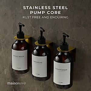 MaisoNovo Shampoo and Conditioner Dispenser with Wall Mounts - 3 Amber Plastic Bottles Black Pump - 4 Mixed Pack Foaming Hand Soap Refill Tablets