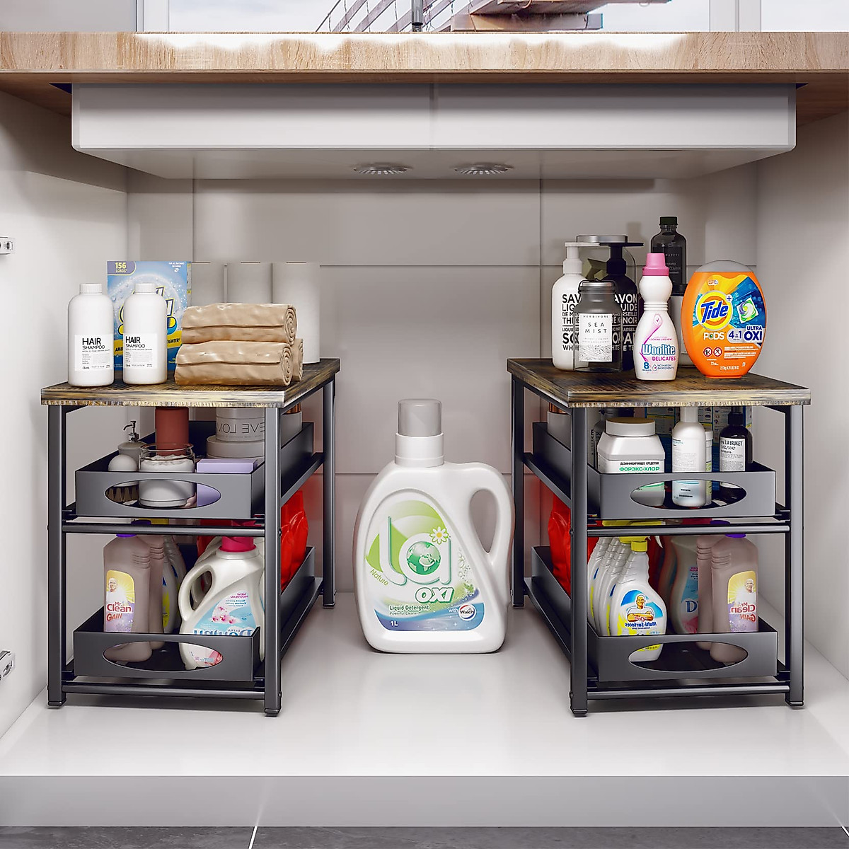 Under Sink Organizers and Storage, 2-Tier Sliding Under Bathroom Cabinet Storage Drawer Organizer with Solid Rustic Wood Top, Multi-purpose Under Sink Shelf Organizer for Home, Kitchen, Bathroom