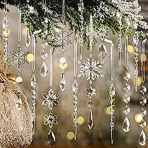 18pcs Christmas Tree Decoration Crystal Ornaments - Hanging Acrylic Christmas Snowflake Icicle Drop Crystal Ornaments for Christmas Tree Winter New Year Party Supplies