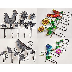 JFRISING Rooster & Bird Wall Hooks Hanging Plaque Sculpture, Sturdy Indoor Outdoor Metal Wall Art Decor with Life-Like Flower for Coat Keys Apron Towel Hook, Easy to Install 2 Pack