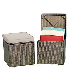 MEDIMALL Patio Wicker Ottoman Set of 2, Multipurpose Outdoor Footstool w/Removable Cushions, Rattan Side Table w/Storage, Footstool Ottoman Seat for Garden, Backyard, Poolside (Beige)