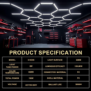 SLARY LED Hexagon Garage Lights, 24 Pack Car Garage Light Tubes, 192W, 23040LM, 6500K Super Bright, 5 Grid Systems Car Detailing Ceiling LED Light for Garage Warehouse Workshop Basement Gym