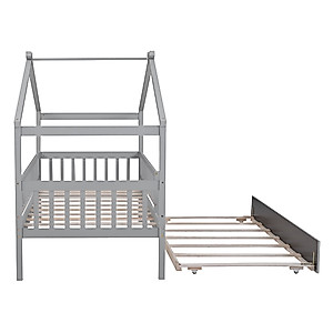 BestLM Twin Size Wooden House Bed with Twin Size Trundle for Kids, Wood Platform Bed Frame with Fence, Roof, and Safety Guardrail for Kids, Teens, Girls, Boys, Gray