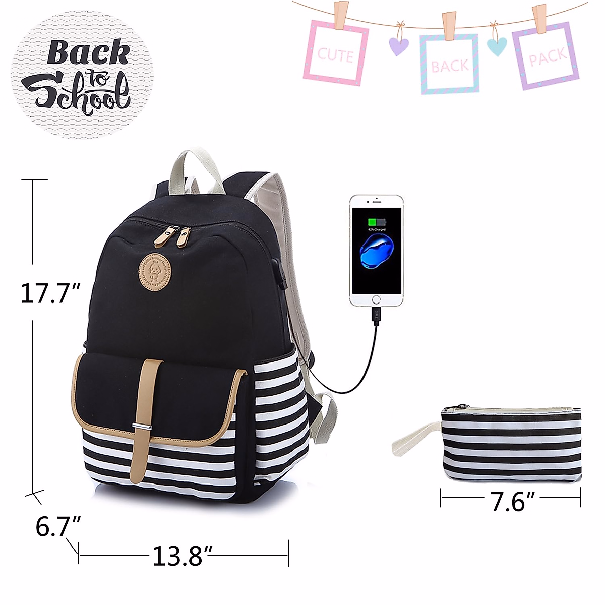 Lmeison Cute Backpack for Teen Girls, Lightweight School Bookbag 15.6'' Laptop Backpack with USB Charging Port