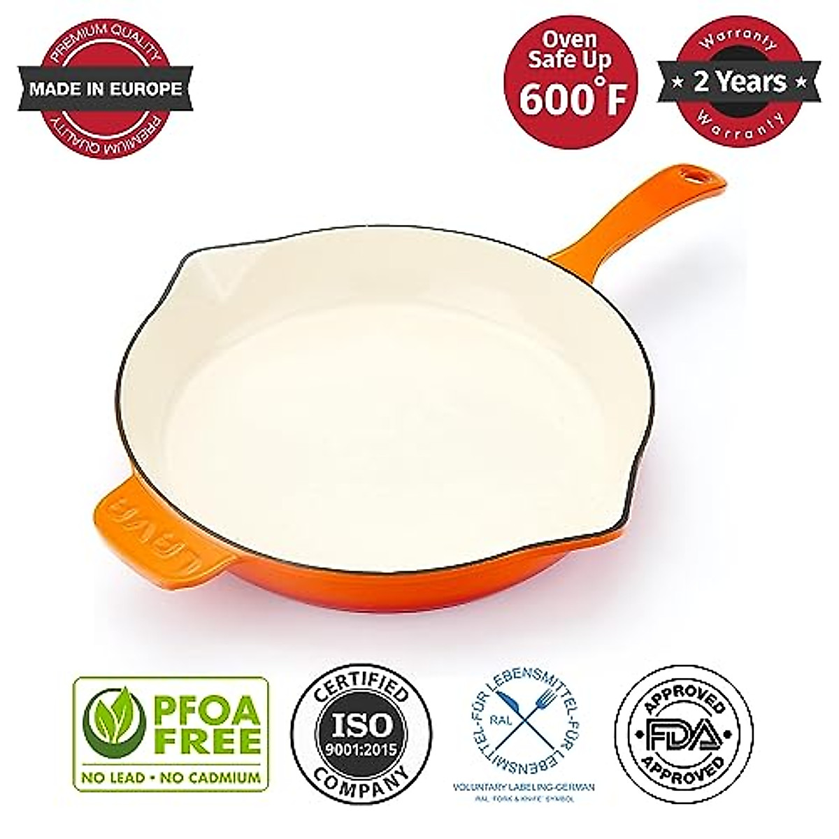 Lava Light-Colored Sand Enameled Cast Iron Skillet with Side Drip Spouts - 12 inch Round Frying Pan with Glossy Sand-Colored Three Layers of Enamel Coated Interior (Orange)