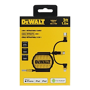 DEWALT 3 in 1 Retractable Multi Charging Cord, 3ft Fast Charger Cord, Multi Charger Adapter with Lightning/Type C/Micro USB Port for iPhones/Samsung Galaxy/PS/Tablets/More
