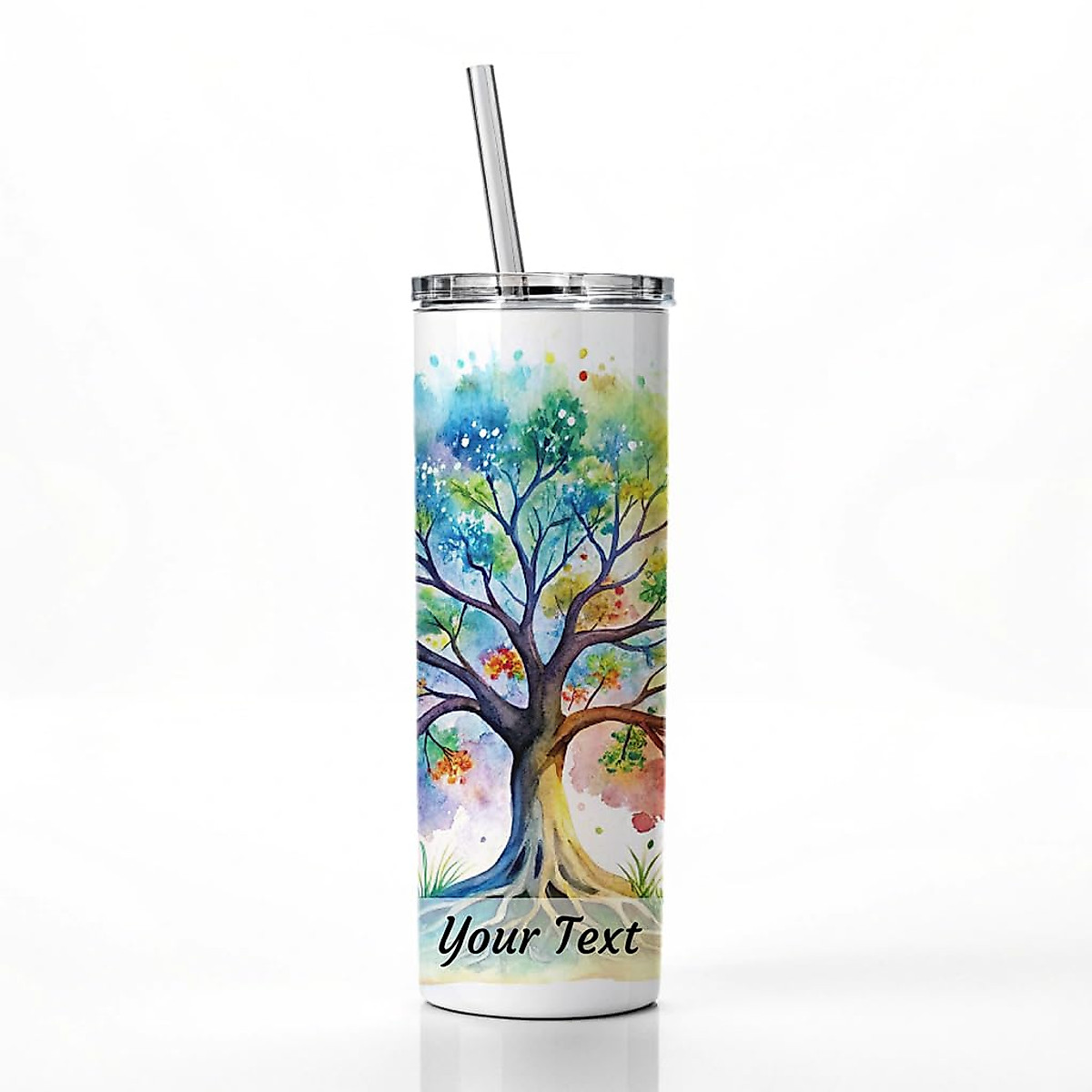Personalized Custom Name Text Tree Of Life Rainbow Watercolor Skinny Tumbler 20oz with Straw Insulated Water Bottle Gift - 1 Line Horizontal