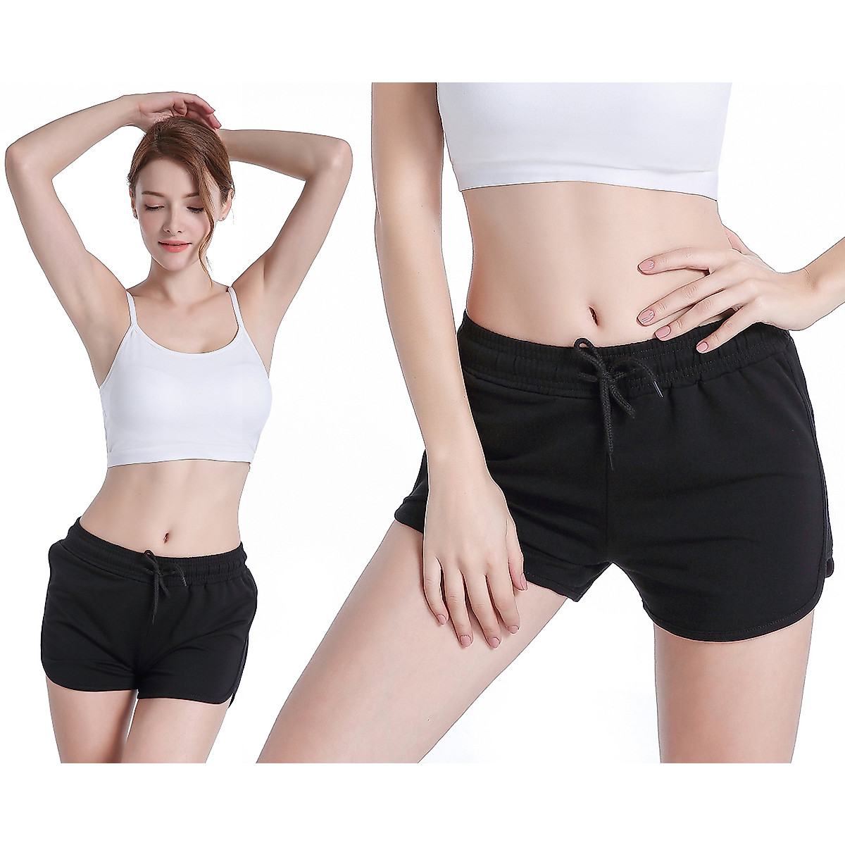 HBY 2 Pack Cotton Yoga Short Women Summer Casual Running Gym Sports Waistband Shorts, M Black/Grey