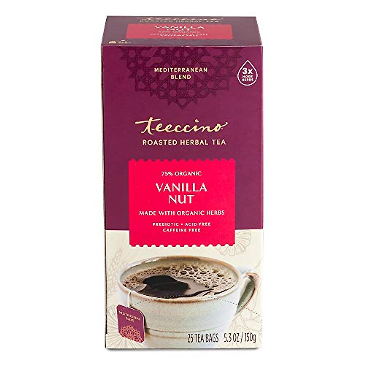 Teeccino Vanilla Nut Herbal Tea - Rich & Roasted Herbal Tea That’s Caffeine Free & Prebiotic for Natural Energy, 25 Tea Bags