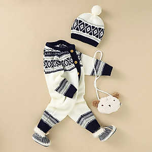 Wugugu Baby Girls Boys Rompers Caps Outfit Newborn Infant Knitted Jumpsuits Hats Suit Unisex Retro Long Sleeve Soft Warm Winter Spring Bodysuit Clothes White 6-12 Months