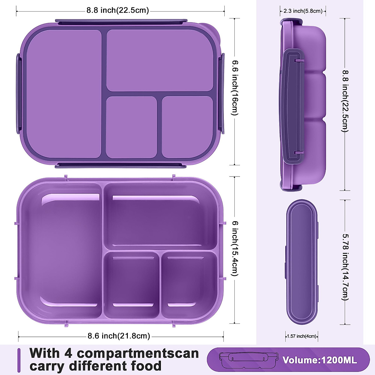 Amathley Lunch Box Kids,Bento Box Adult,Leakproof Lunch Containers for Adults/Kids/Toddler,1200ML-4 Compartments bento Lunch box with Utensil,Microwave & Dishwasher & Freezer Safe (Purple)