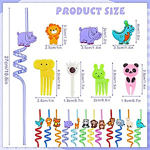 24 Reusable Jungle Animal Straws, Meetory Plastic Party Drinking Straws,Curly Crazy Straws with 20 Fruit Forks for Party Favor Kids Truck Decorations Birthday Supplies Gift, 12 Styles