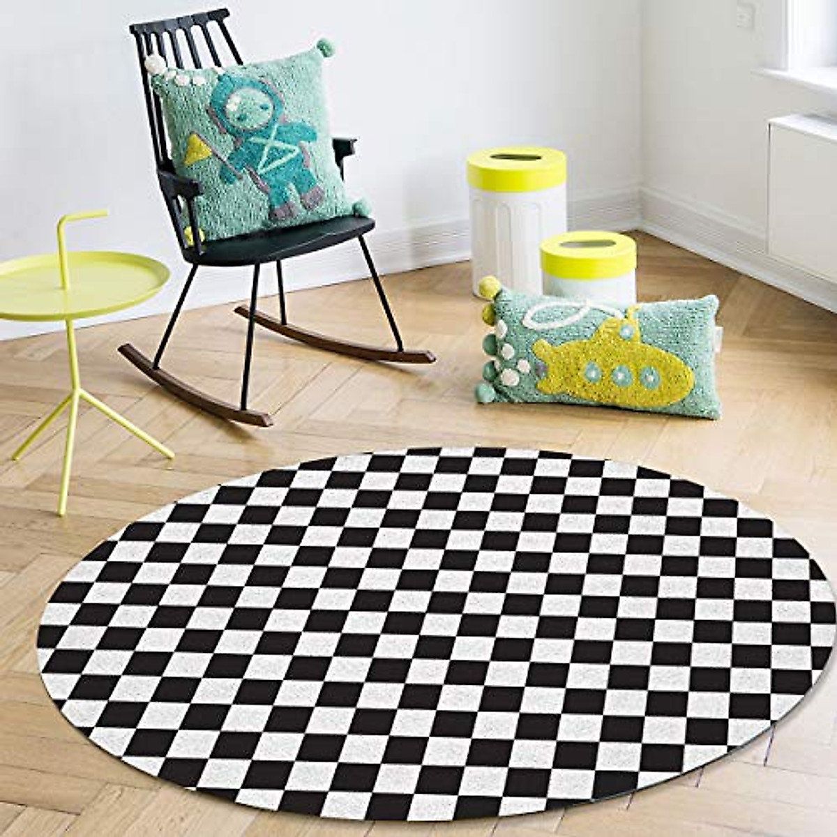 Olivefox Round Area Rugs Modern Black and White Checkered Lattice Pattern Super Soft Indoor Stain-Proof Carpet Floor Mat Anti-Skid Runner Rugs for Home Living Room, Bedroom, Dining Room, 5 Feet