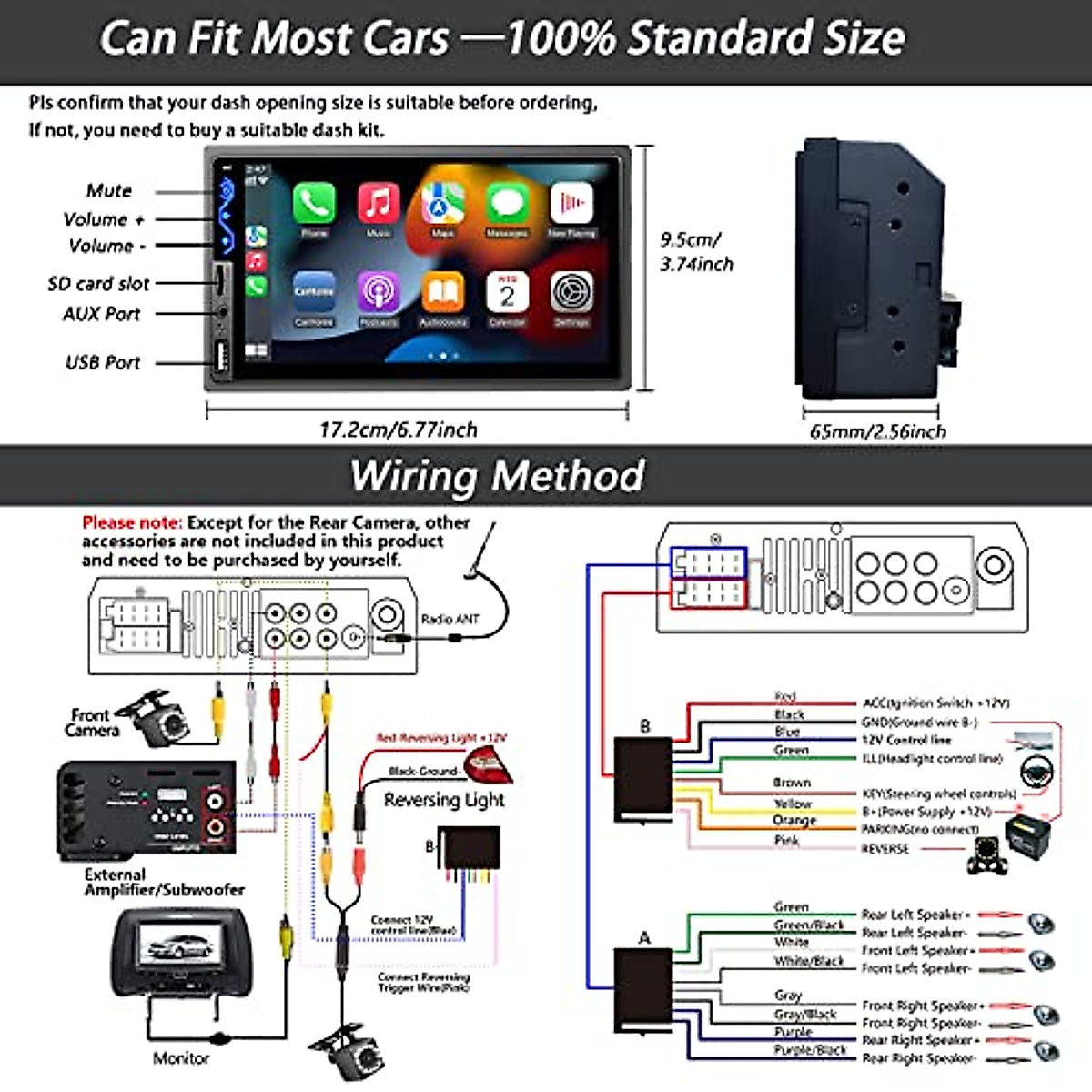 Double Din Car Stereo Compatible with Apple CarPlay and Android Auto - 7inch HD Touchscreen Car Audio Receivers with Bluetooth, Mirror Link, Backup Camera, SWC/USB/AUX/TF/Subwoofer, FM Car Radio