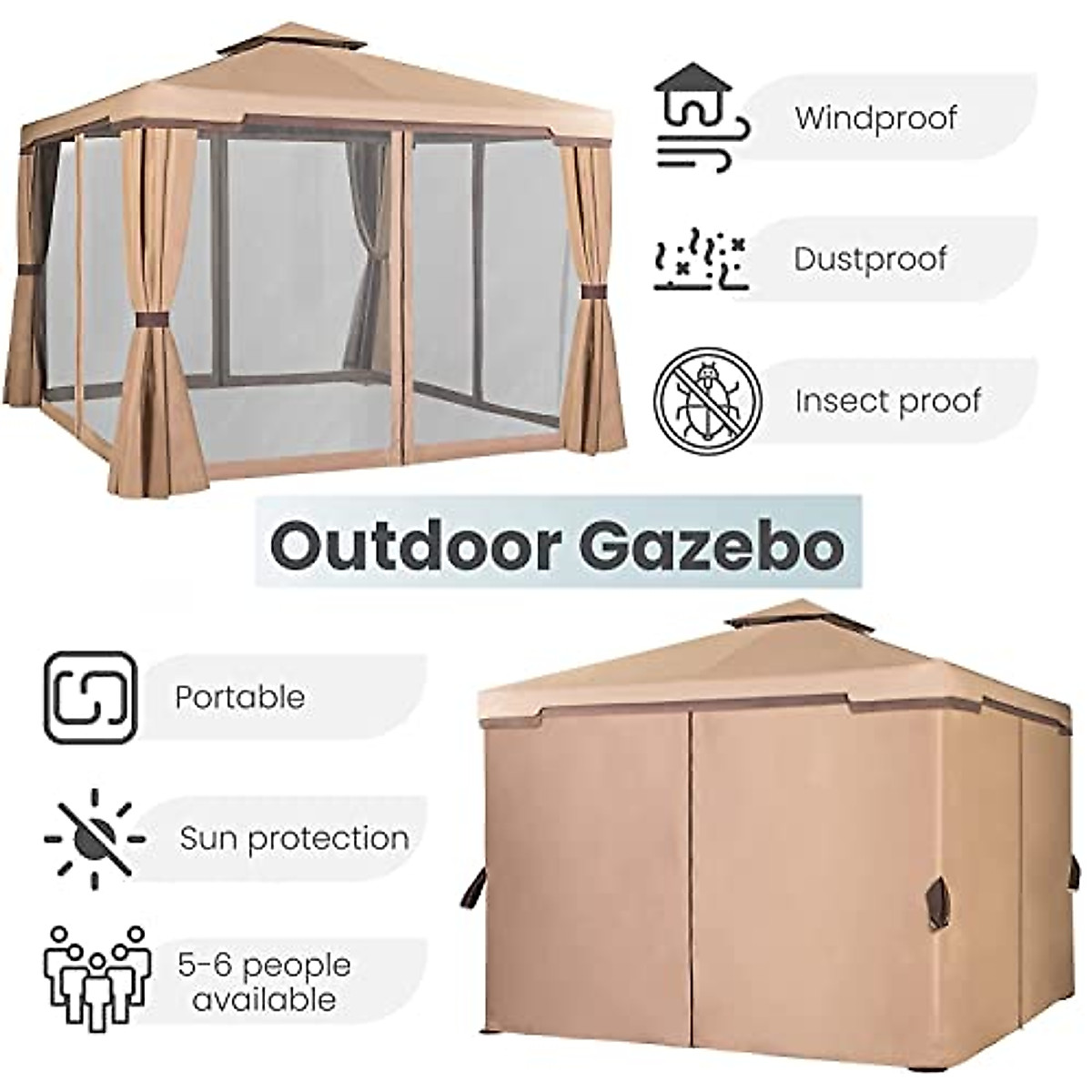 SUNCROWN 10 x 10 FT Outdoor Gazebo for Patio Aluminum Frame Garden Permanent Gazebo with Vented Soft Canopy and Mosquito Netting, Khaki