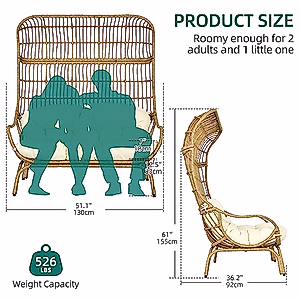 YITAHOME Outdoor Double Egg Chair for 2 Person, Wicker Patio Large Basket Chair with 526lbs Capacity, All-Weather Oversized Egg Lounger Chair for Indoor Living Room Outside Balcony Backyard - Beige