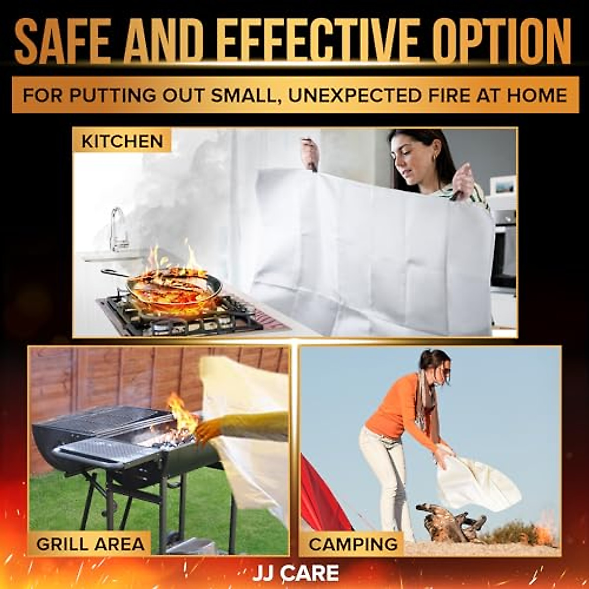 JJ Care Fire Blanket – 5 Packs with Hooks – Emergency Fire Blanket for Home & Kitchen, High Heat Resistant Fire Suppression Blankets for Home Safety, Kitchen, and Camping