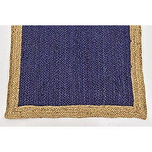 Unique Loom Braided Jute Collection Classic Quality Made Natural Hand Woven with Solid Color Detail, Area Rug, Runner 2' 6" x 6' 0", Navy Blue/Tan