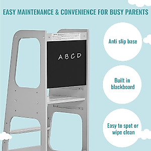Dream On Me Explora Tower & Step Stool in Pebble Grey, Anti-Slip Base, Multipurpose Kids Step Stool, 3 Platform Heights, Chalkable Black Board