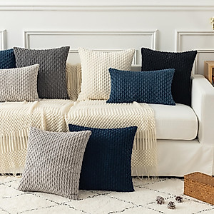 Kevin Textile Decorative Throw Pillow Cover Striped Corduroy Plush Texture Velvet Euro Cushion Cover for Bed 24 x 24 Inch (60cm) Set of 2 Cream