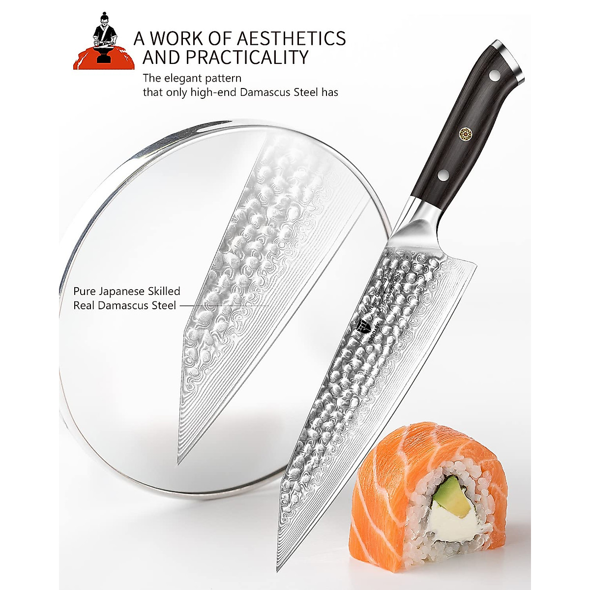 BRODARK Japanese Chef Knife, Damascus Chef Knife 8 inch with Japanese VG-10 Steel Core, Ultra-Sharp Professional Kitchen Knife, Handcrafted with Ebony Wood Handle, Holiday Gifts