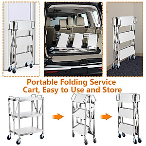 Garvee Heavy Duty Folding Utility Cart, Stainless Steel Collapsible Service Cart 133 Lbs Large Loading per Shelf, Sturdy 3-Tier Rolling Cart with Wheels Lockable for Restaurant Garage Office Outdoor