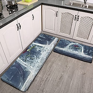 2pc Kitchen Floor Mats,Fantasy Fairy Scenery Red Rose Flower in Glass Tower Beauty Magic Castle Girl and Beast,Sink Kitchen Rugs and Mats Kitchen Mat Standing Mat