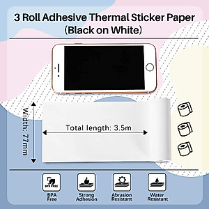 Phomemo 3 Inch Thermal Sticker Paper for Phomemo M03/M03AS/M04S Portable Photo Printer Notes Printer, Black on White, 77mm x 3.5m, 3 Inch X 11.5 ft, 3 Roll