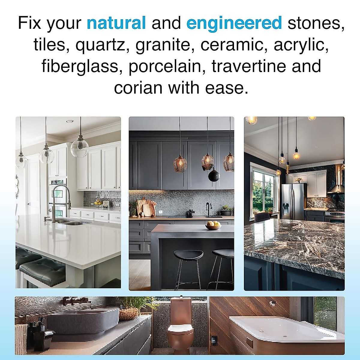 Granite, Marble & Porcelain Repair Kit (Clear, Black & Acrylic) - Ideal as Quartz Countertop Repair Kit I Works Great for Countertops, Tiles, Sinks and Other Surfaces