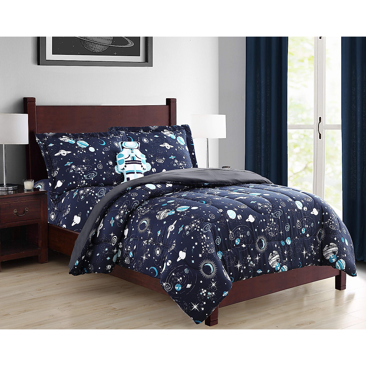 LinenTopia 8 Piece Space Navy Queen Bedding Set for Boys, Bed in a Bag, Kids Comforter Set with Bed Sheets, Pillow Case, Toy Pillow, Planets, Solar System Bedroom Kit for Toddlers, Queen Size