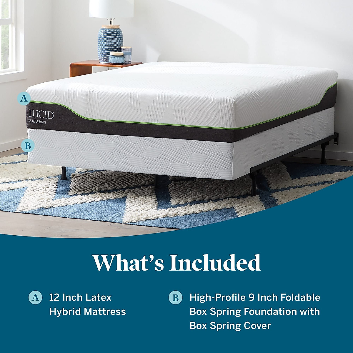 LUCID 12 Inch Latex Hybrid Mattress and High-Profile 9 Inch Steel Foldable Twin Box Spring Foundation with Center Support Bolts