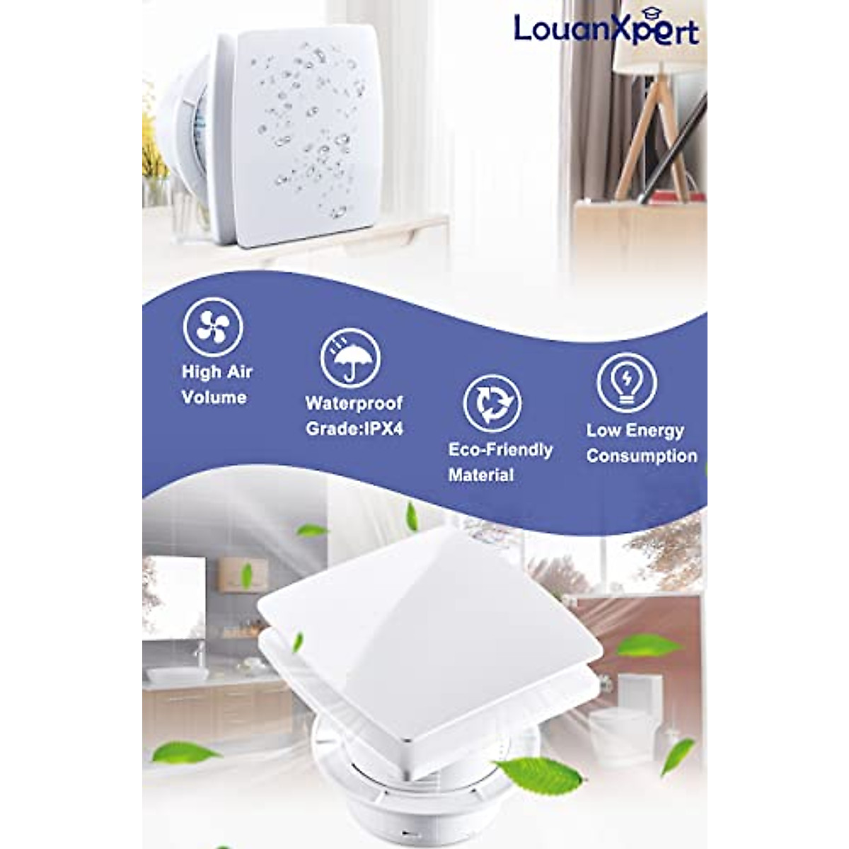 LouanXpert 4 Inch Exhaust Fan, 76CFM Bathroom Wall Exhaust Fan, Kitchen Exhaust Fan with Anti-backflow Check Valve, 3.3Ft US Cord for Kitchen, Greenhouse, Garage