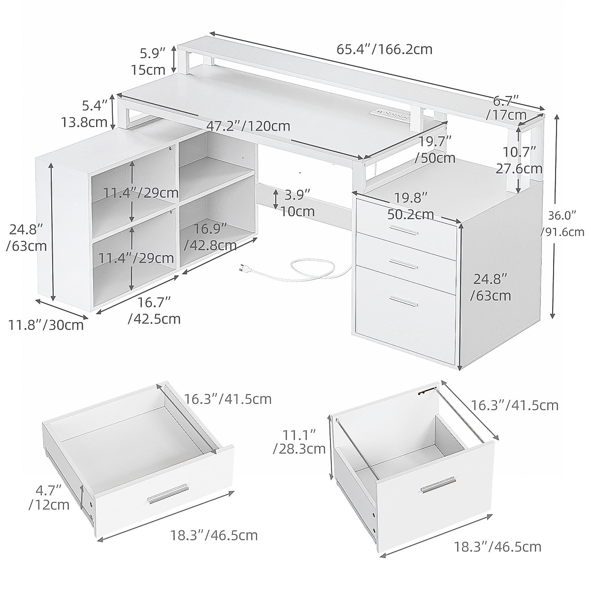 DWVO L Shaped Desk with Power Outlets & LED Lights, 65" Computer Desk with Drawers, Corner Desk Office Desk with File Cabinet & Printer Stand, White