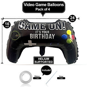4 Pack Gamer Party Balloons Helium Foil Mylar Video Game on Balloons Video Game Controller Balloons for Boys Game Themed Party Birthday Decorations Supplies 23.6 x 15.7 Inch