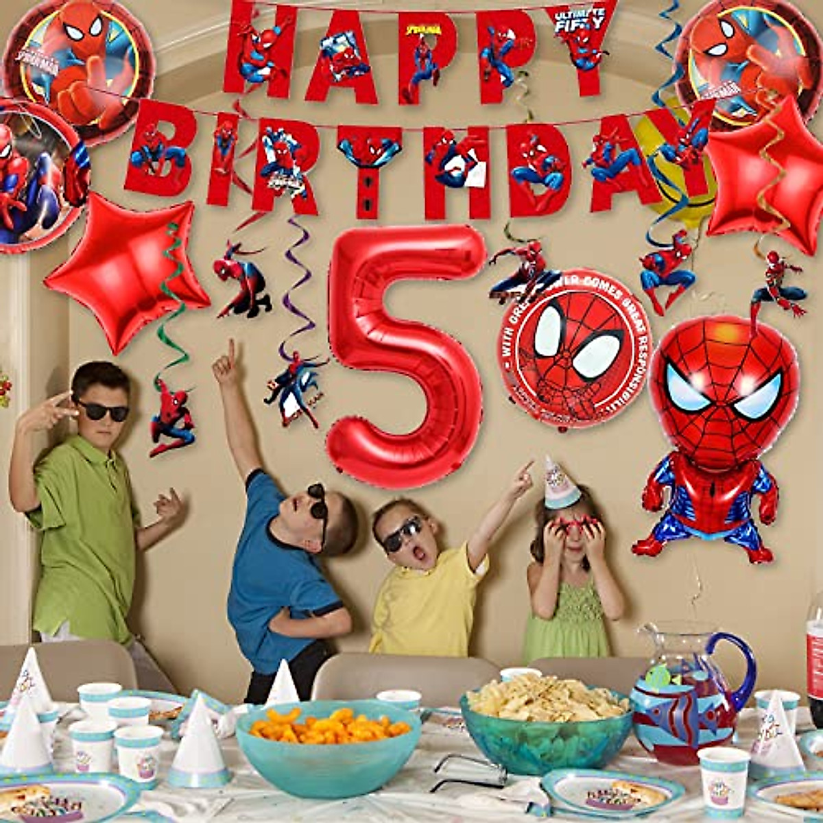 Superhero Spider Foil Balloons Birthday Decorations Red Balloons 32 Inch and Red Spider Banner for Boy Kids Spider Themed Birthday Party Decoration (5)