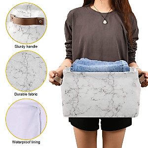 White Marble Storage Basket Bin Gold Glitter Large Fabric Toys Storage Cube Box with Handles Collapsible Closet Shelf Cloth Organizer Basket Set of 2 for Nursery Bedroom