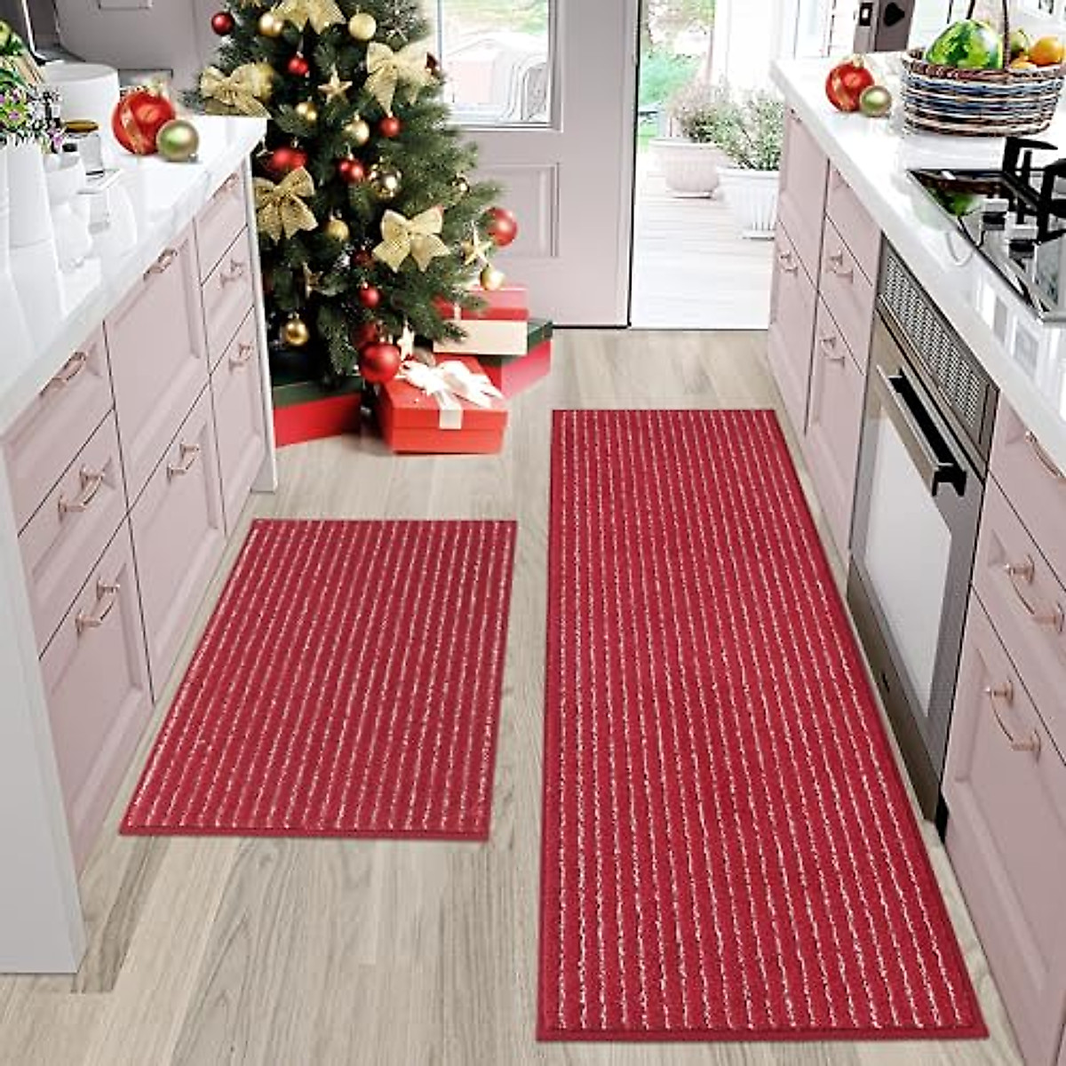 BEQHAUSE Red Kitchen Rugs Set of 2 Non-Slip Kitchen Runner Rug Washable Kitchen Mats for Floor Absorbent Soft Standing Mats for Kitchen,Laundry,Hallway&Sink 20”x30”+20”x48”