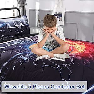 Wowelife Basketball Bedding Set Full Size 5 Pieces Basketball Sports Comforter Set Red Black 3D Fire Water Kids Comforter Sets Breathable with Comforter, Flat Sheet, Fitted Sheet and 2 Pillowcases