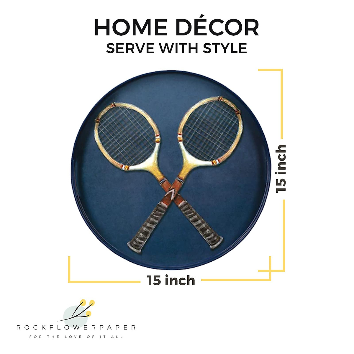 rockflowerpaper Tennis Anyone 15 inch Round Lacquered Wooden Decorative Heat Resistant Tray with Handles for Coffee Drinks Breakfast Dinner
