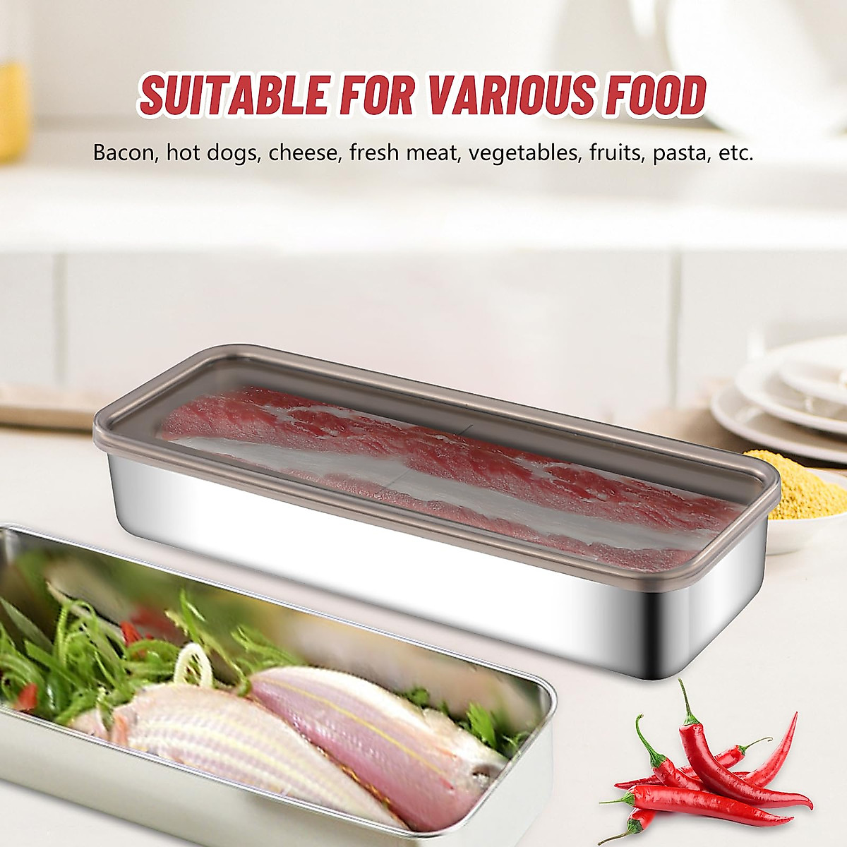 2pcs Bacon Container for Refrigerator, 304 Stainless Steel Airtight Deli Meat Storage Containers for Fridge, Cheese Container for Fridge, Lunch Meat Container with Lids, Kitchen Storage Containers